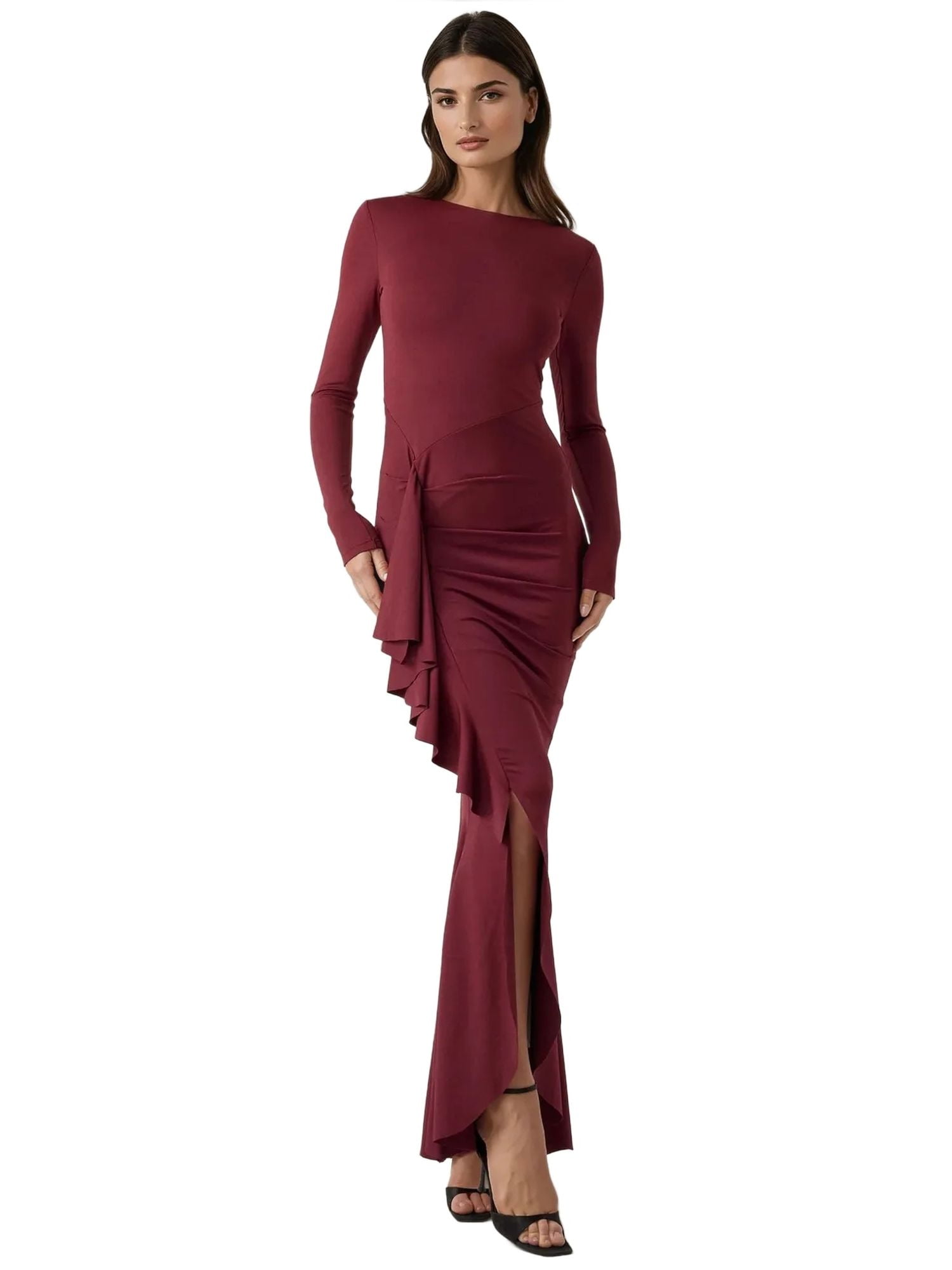 Crew Neck Bodycon Maxi Dress with Ruffle Detail - Walmart.com