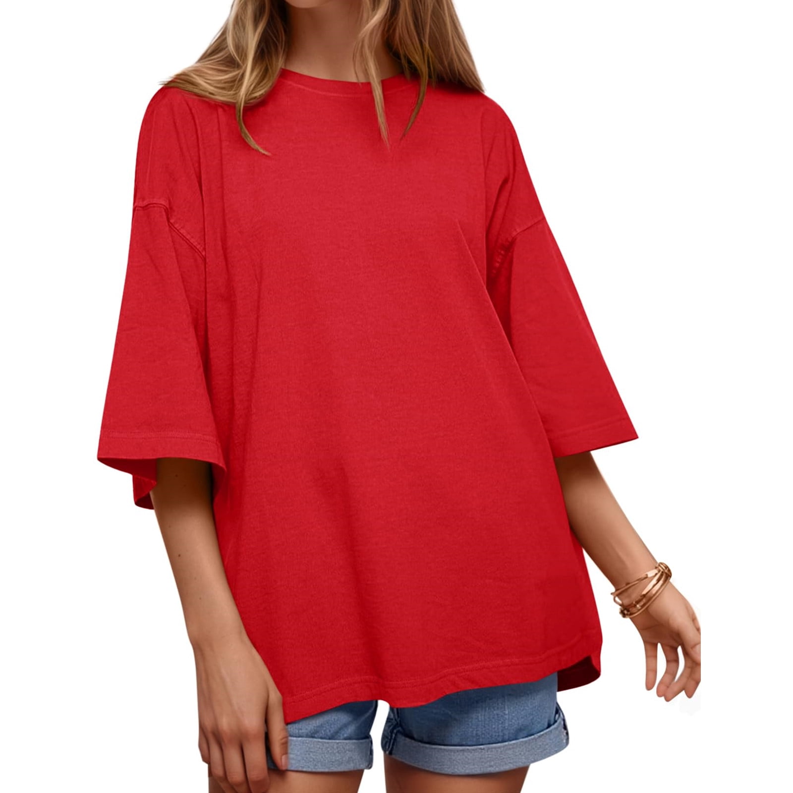Crew Neck Half Sleeve Women Loose Solid Color T-shirt Tops - Walmart.com