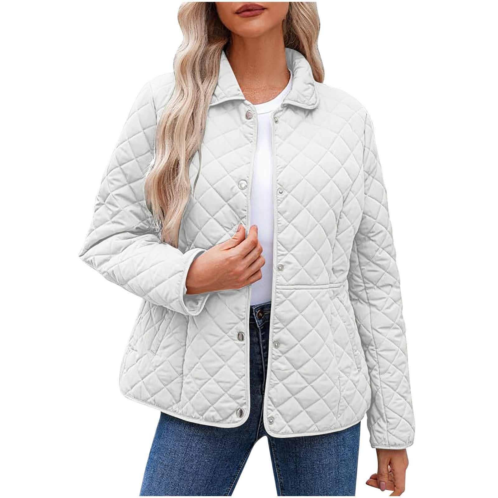 Crew Neck Jacket For Women Lapel Button Down Solid Color Quilted ...