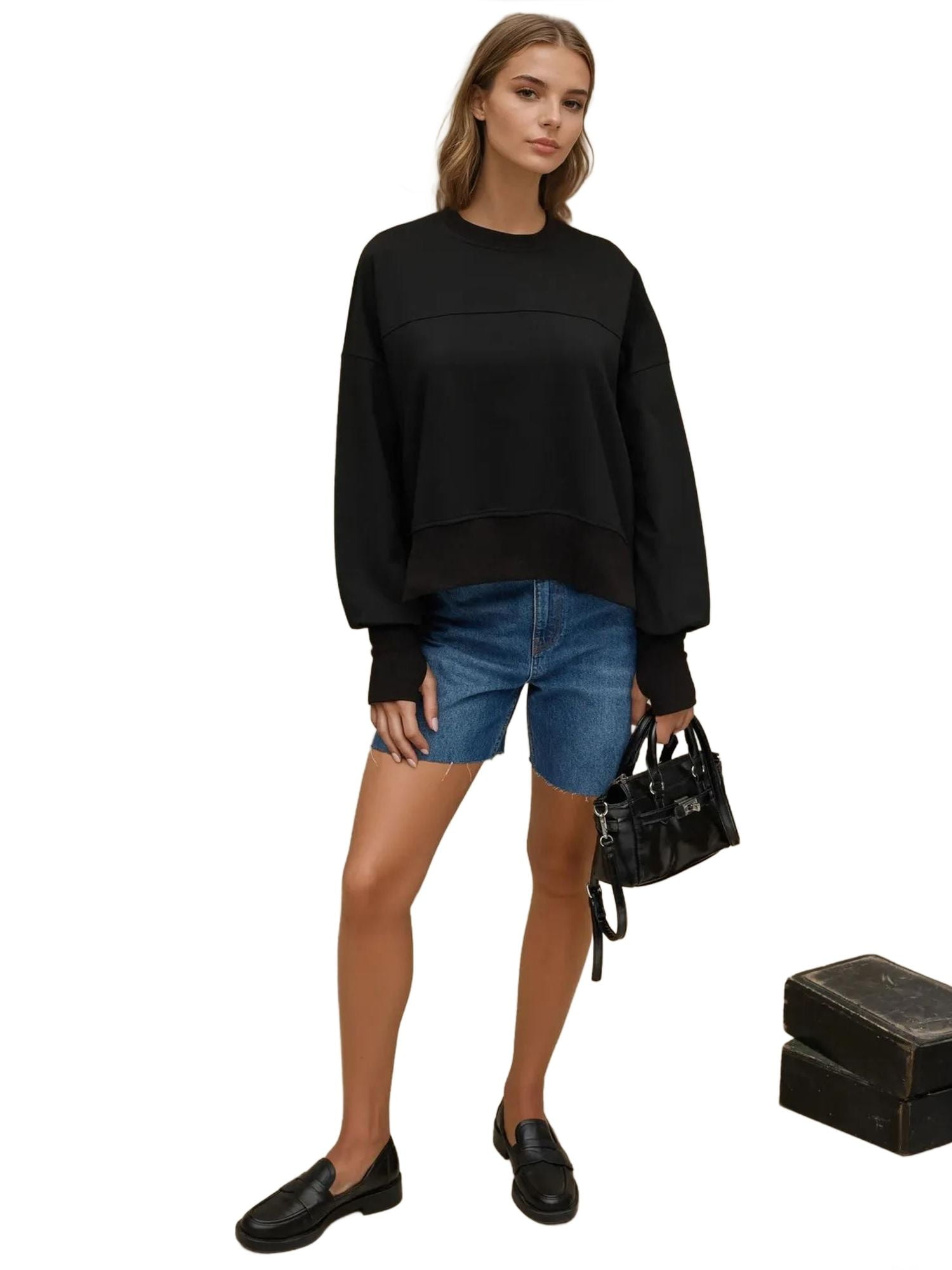 Crew Neck Oversized Sweatshirt with a Front Slit - Walmart.com