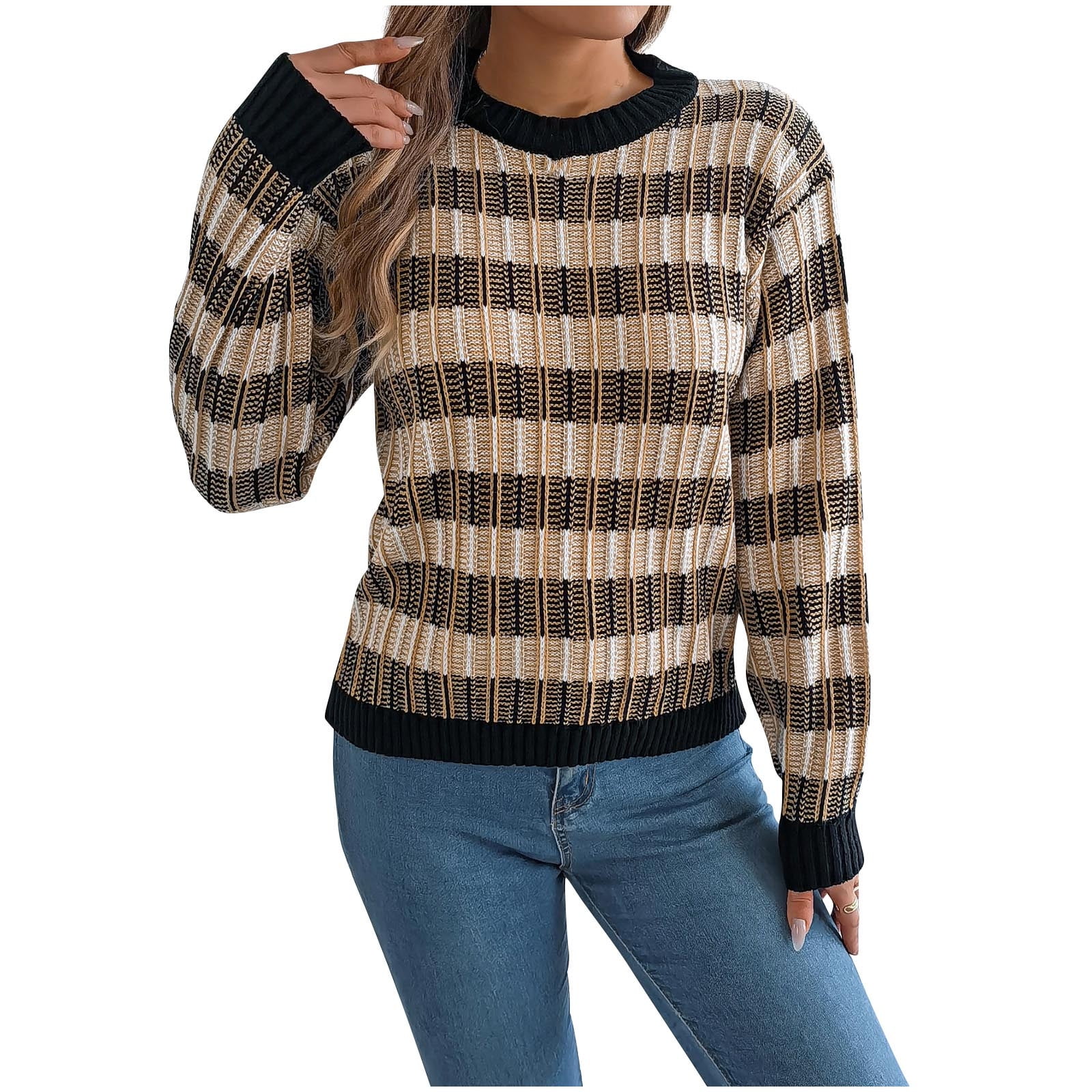 Crew Neck Sweater Tops for Women Winter Fall Long Sleeve Crochet Striped Knit Tops Blouses ...