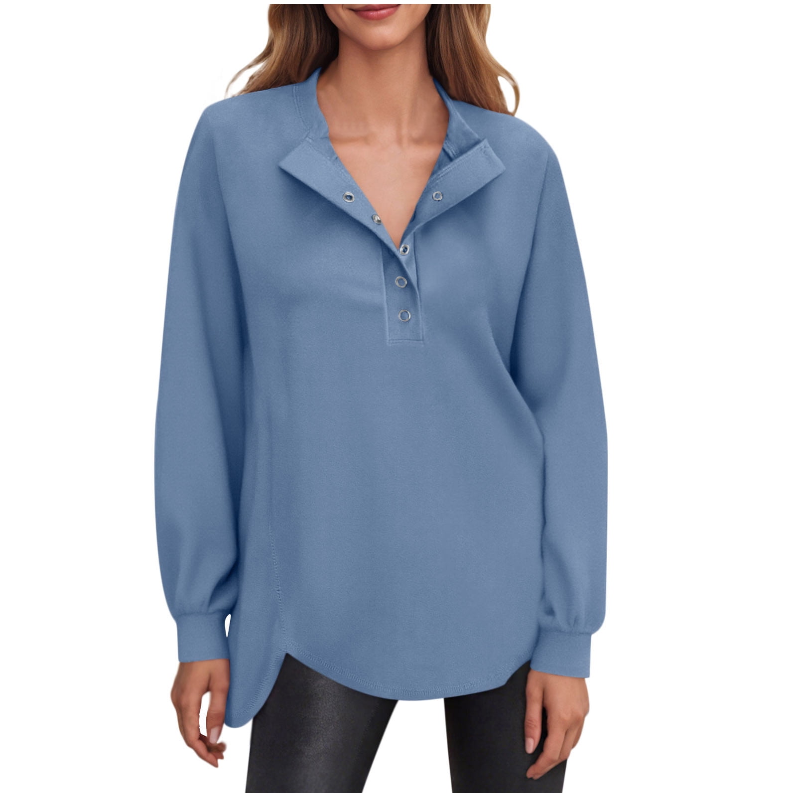 Crew Neck Sweatshirt Women Snap Button Long Sleeve Tunic Tops Casual ...
