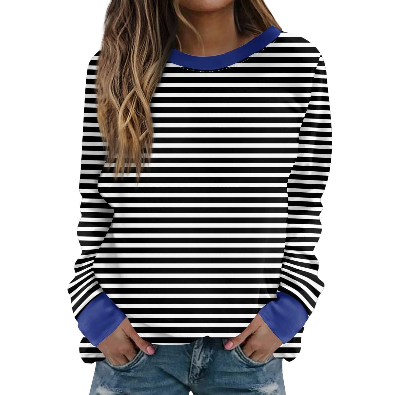 Crew Neck Sweatshirts Women Fashion Striped – Long Sleeve 2024 Trendy ...