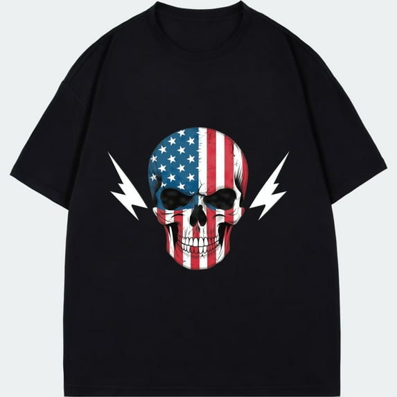 Crew Neck T Shirt Black American Flag Skull With Lightning Design ...