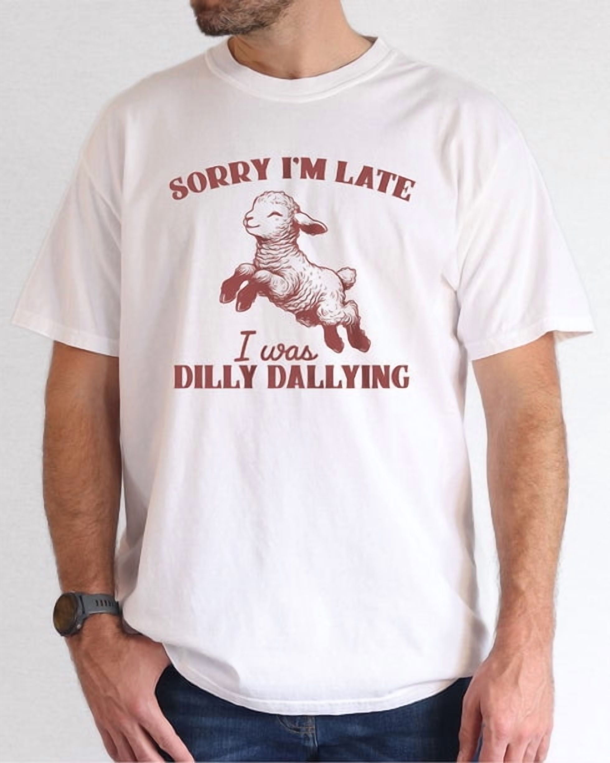 Crew Neck T-Shirt - Fashionable Mens Cute Cartoon Sheep "Sorry I'm Late ...