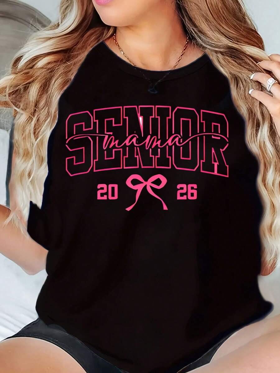 Crew Neck T-Shirt With Senior Mama 2026 Pink Text And Bow Design For ...