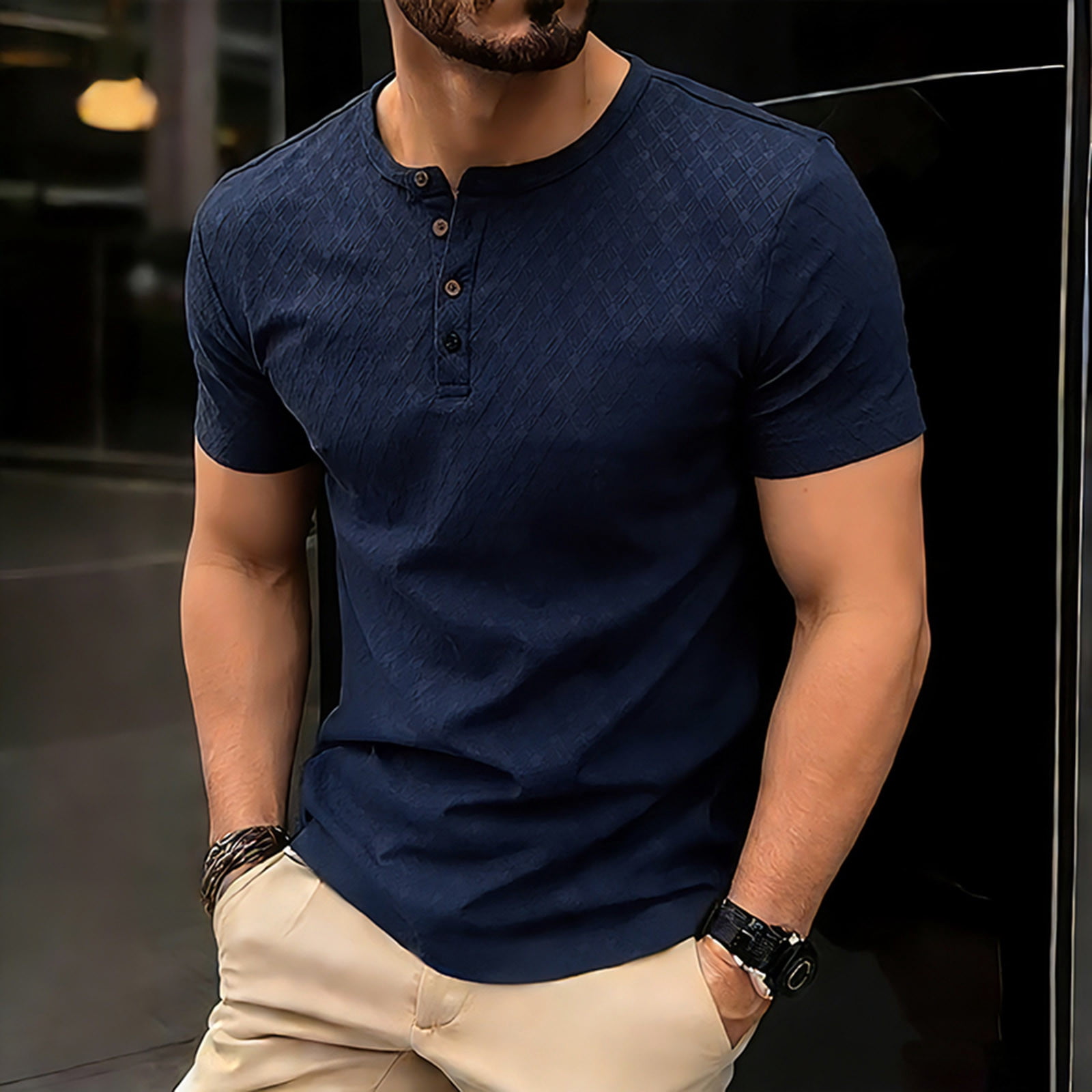 Crew Neck T Shirts for Men Pullover Four Button Short Sleeve Tee Shirts ...