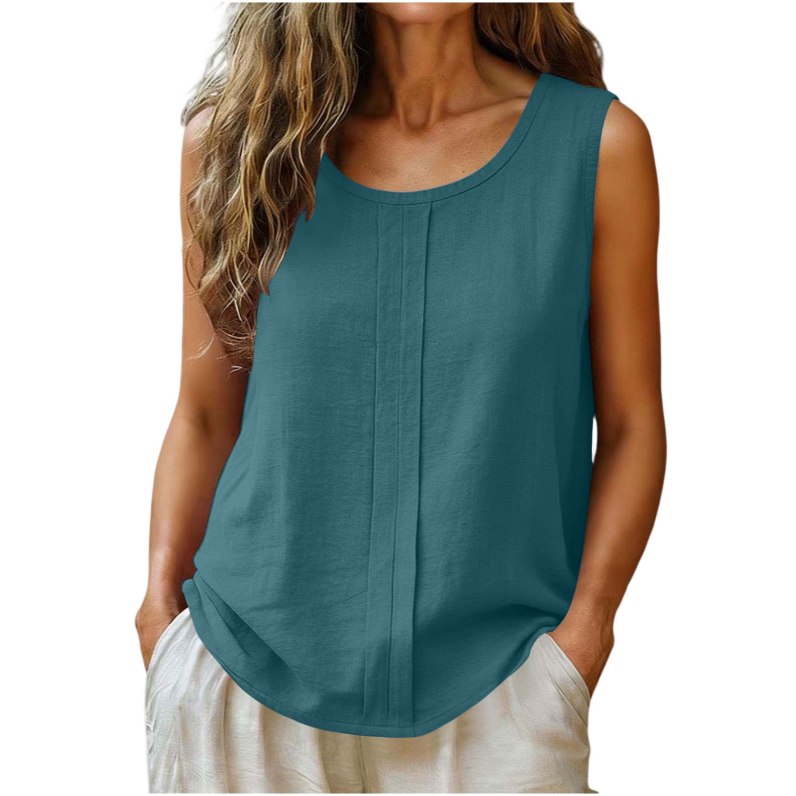 Crew Neck Tank Tops for Women Pleated Sleeveless Shirts Breathable ...