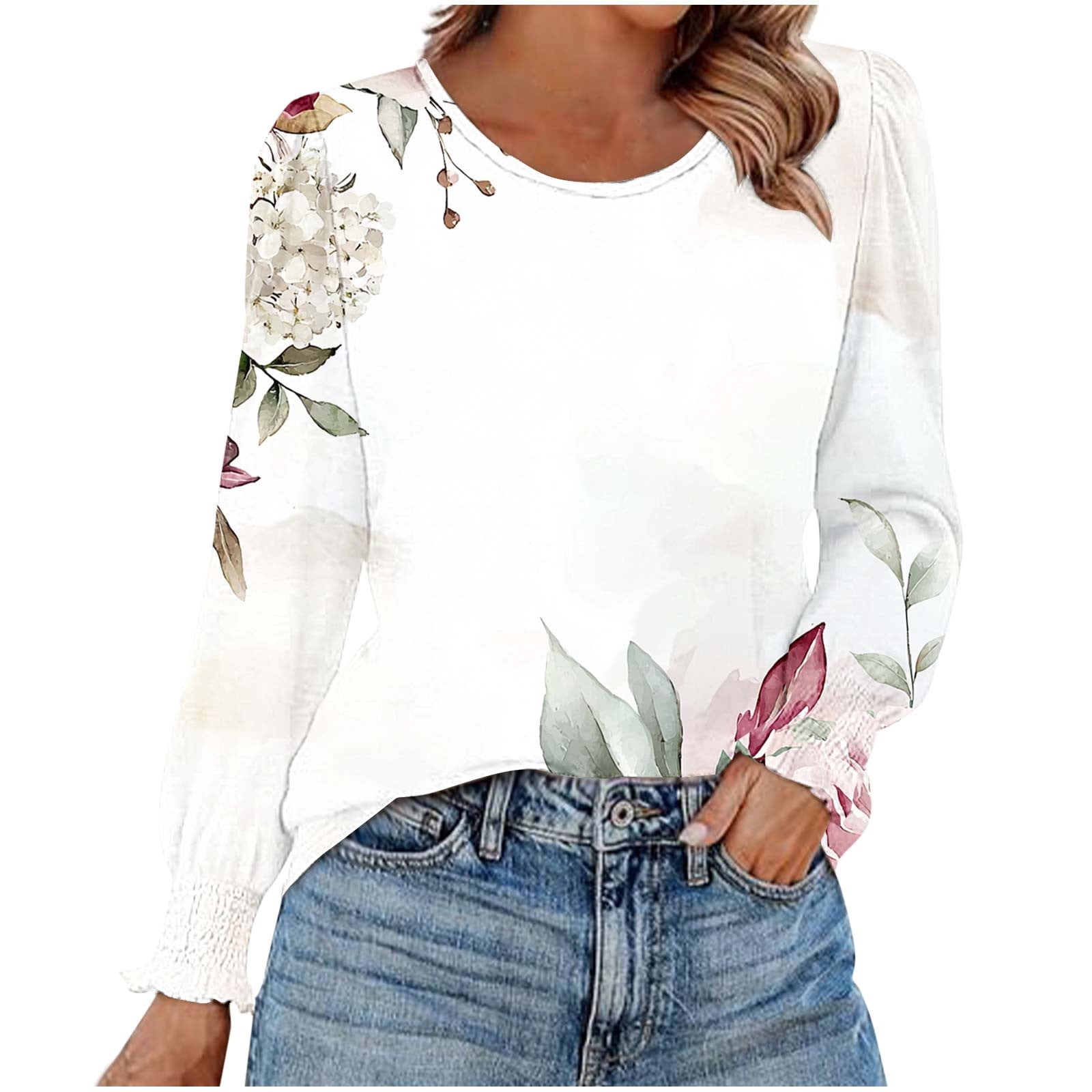 Crew Neck Tee Shirts Long Sleeve Floral Print Blouse Ruffle Cuffs ...