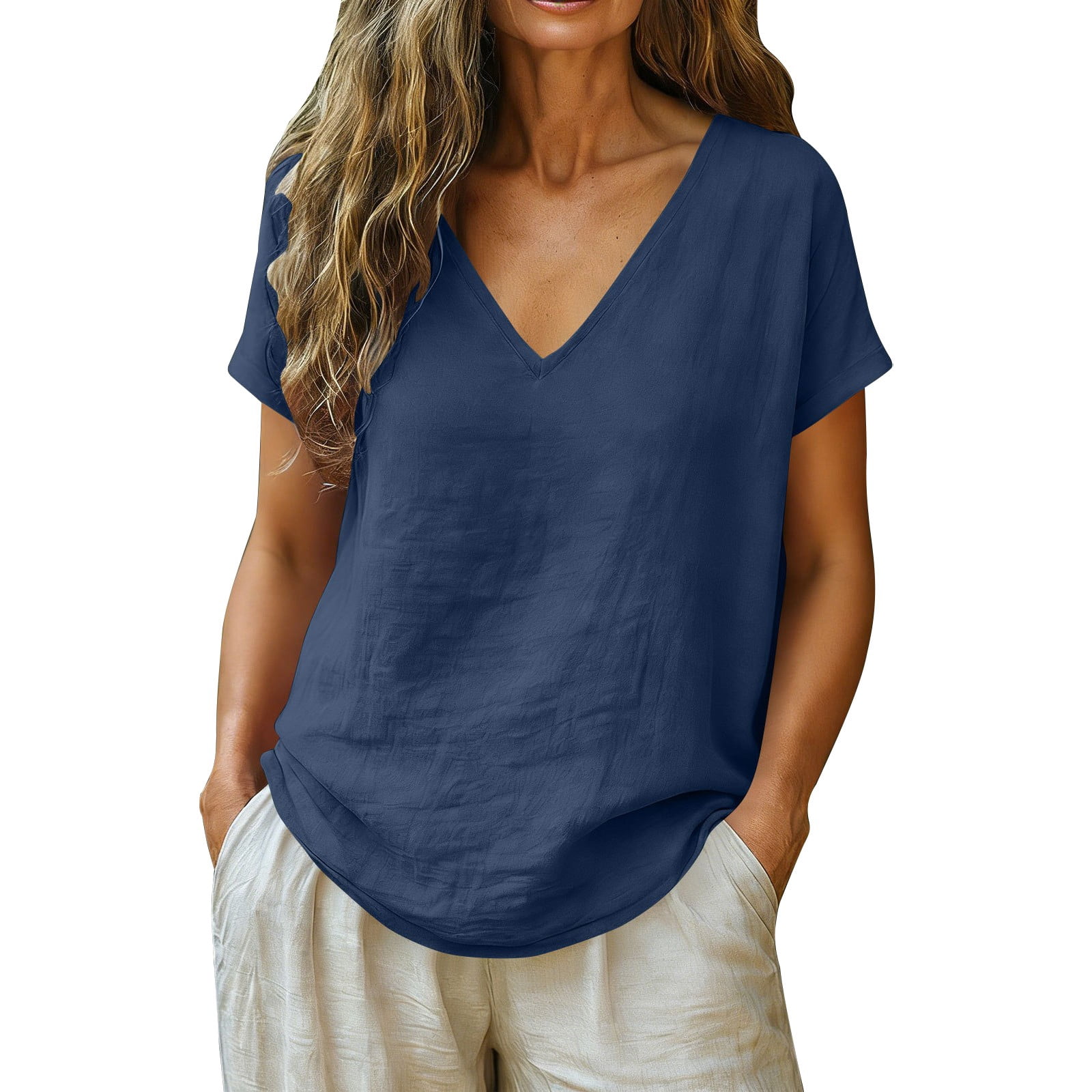 Crew Neck Tshirts for Women Lightweight Linen Blouses for Women Summer ...