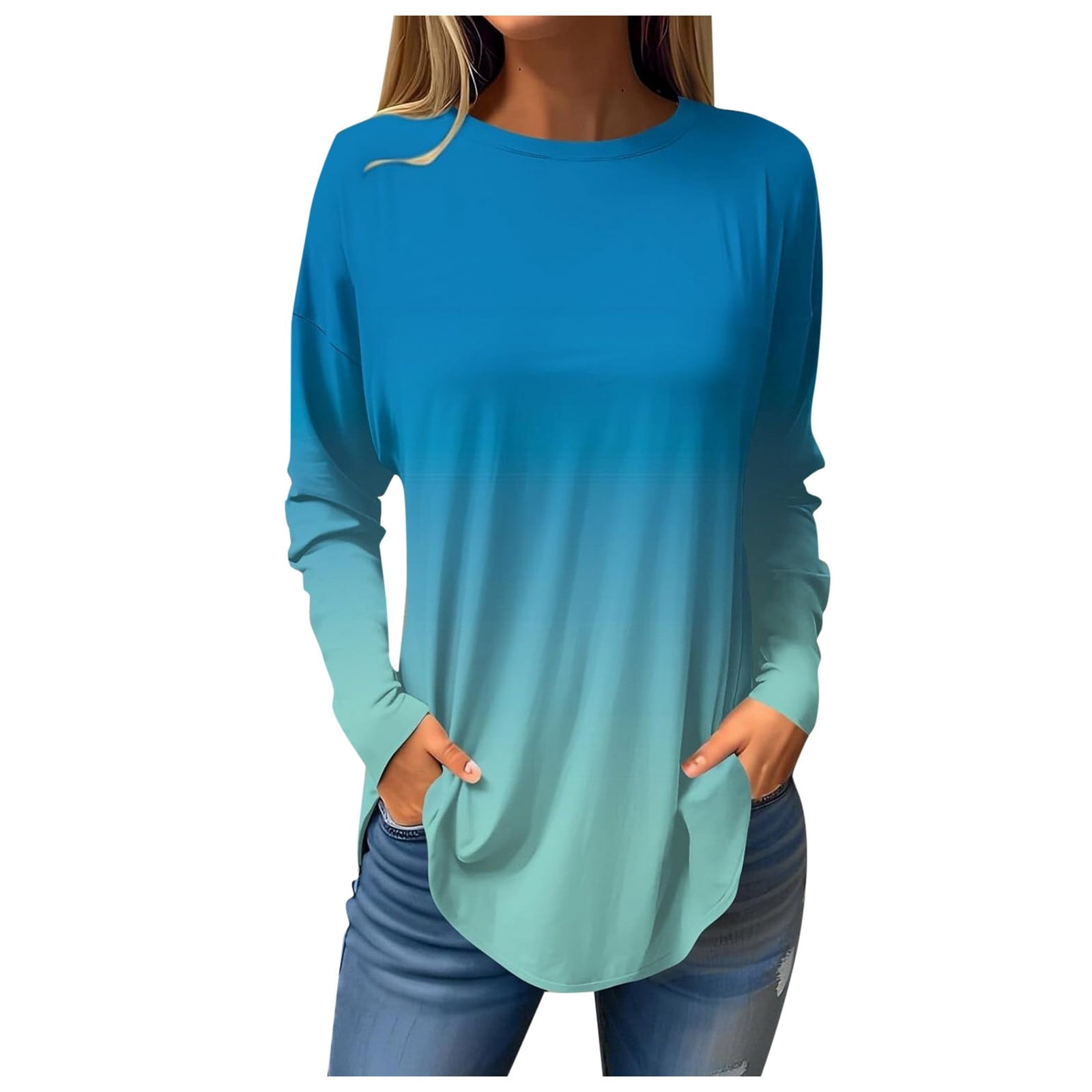 Crew Necks Tops for Women Gradient Plus Size Long Sleeve Dressy Drop ...