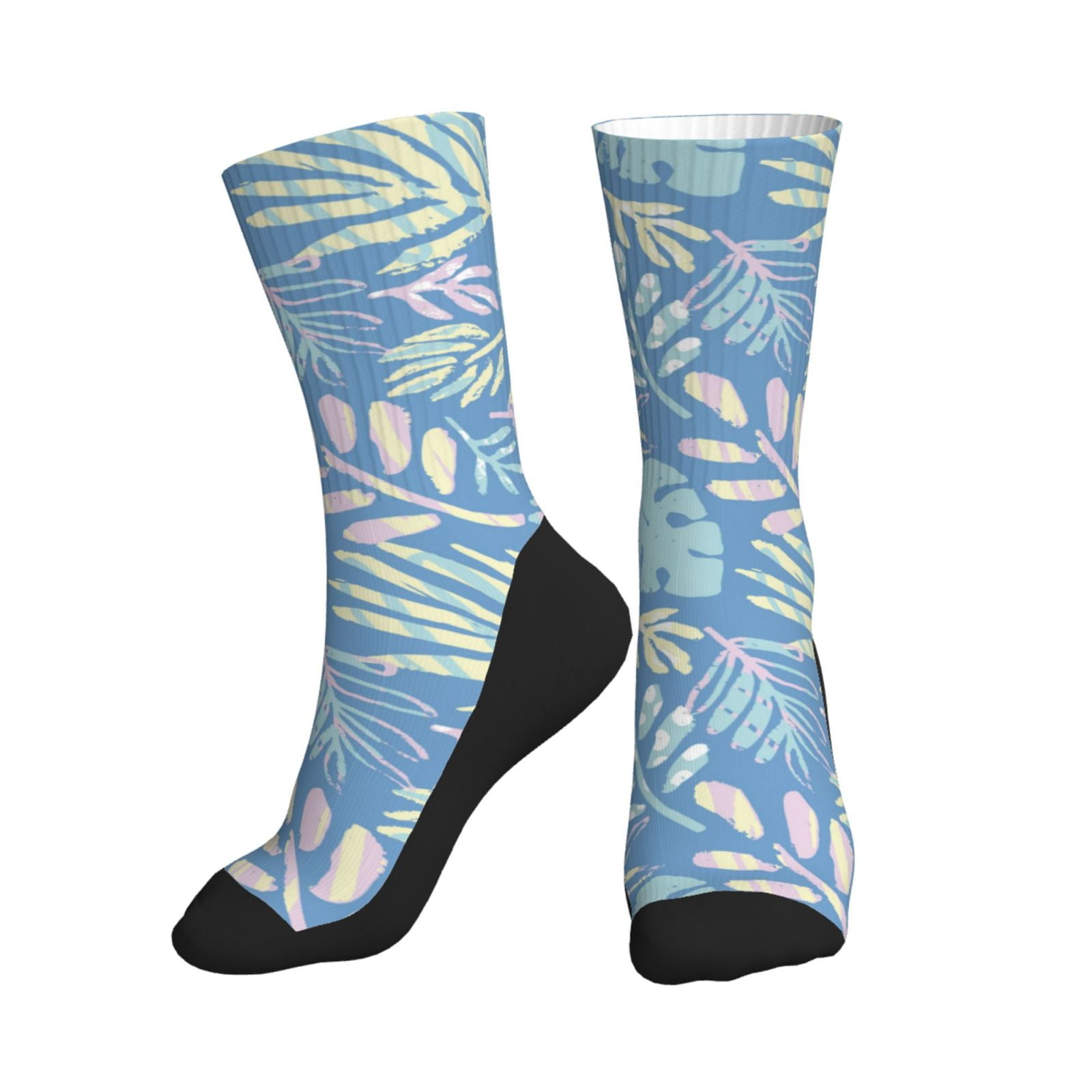 Crew Socks for Women Men Athletic - Tropical leaf palm tree Black Mid ...