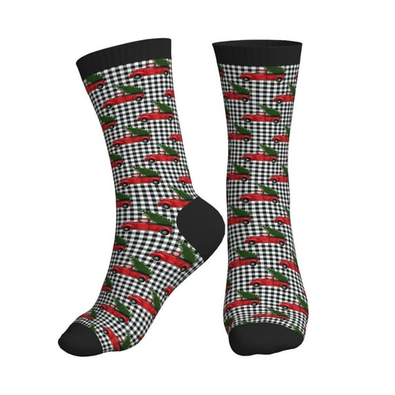 Crew Socks for Women Men, Christmas red truck tree Buffalo Plaid ...