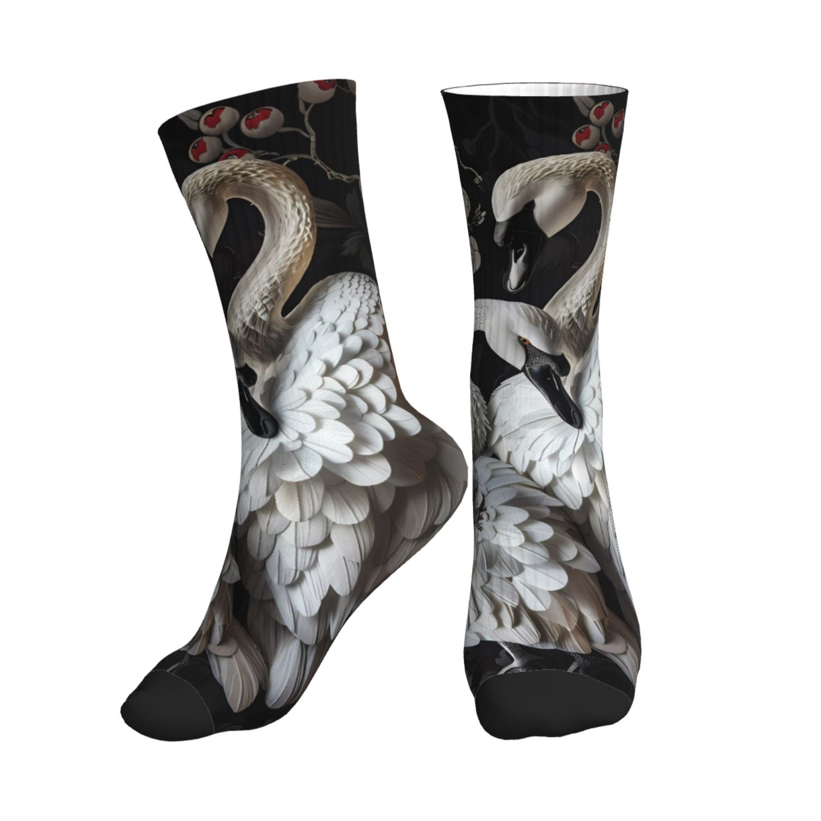 Crew Socks for Women Men Elegant Swans Black Background Athletic Calf ...