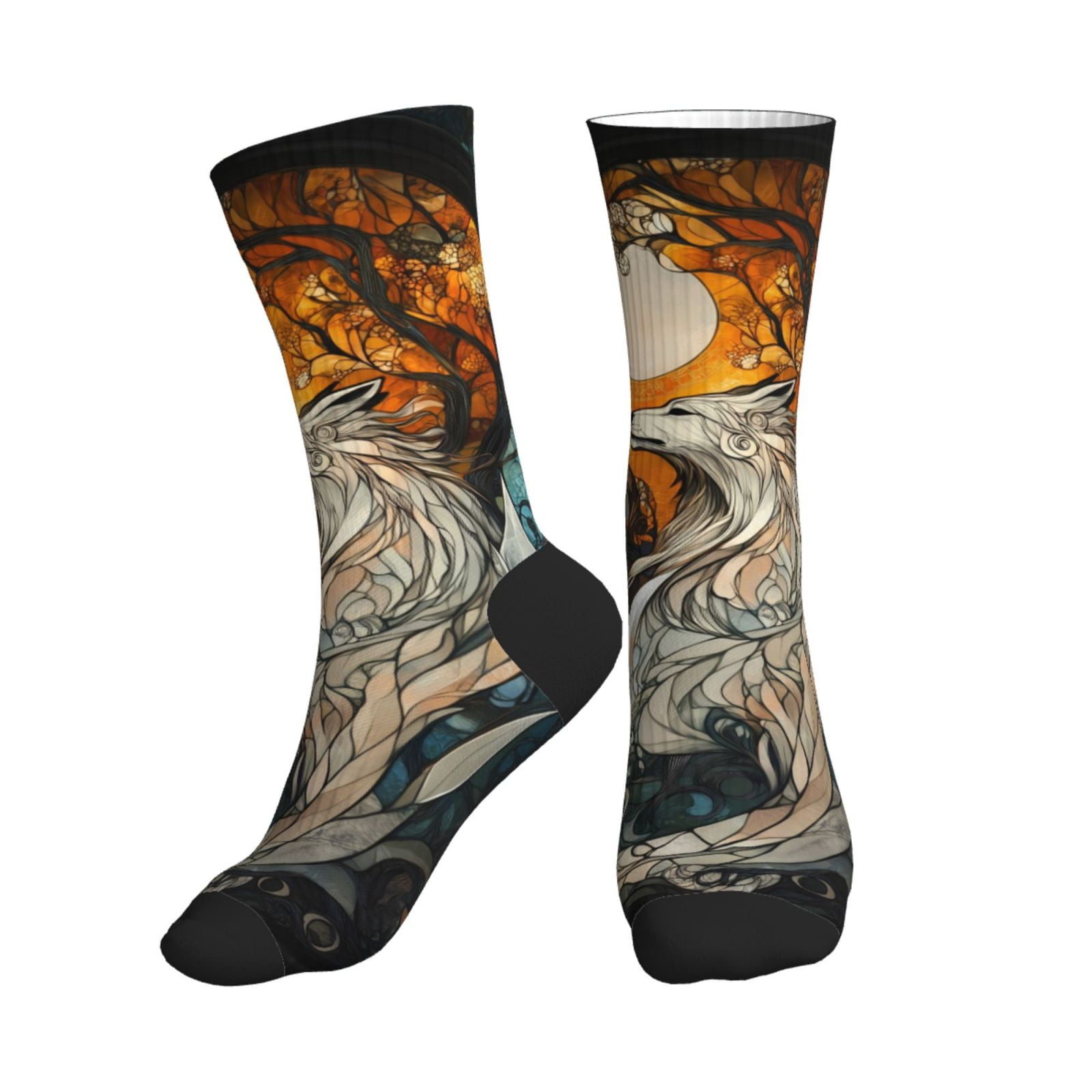 Crew Socks for Women Men, Stained Glass Wolf Moon Moisture Running ...