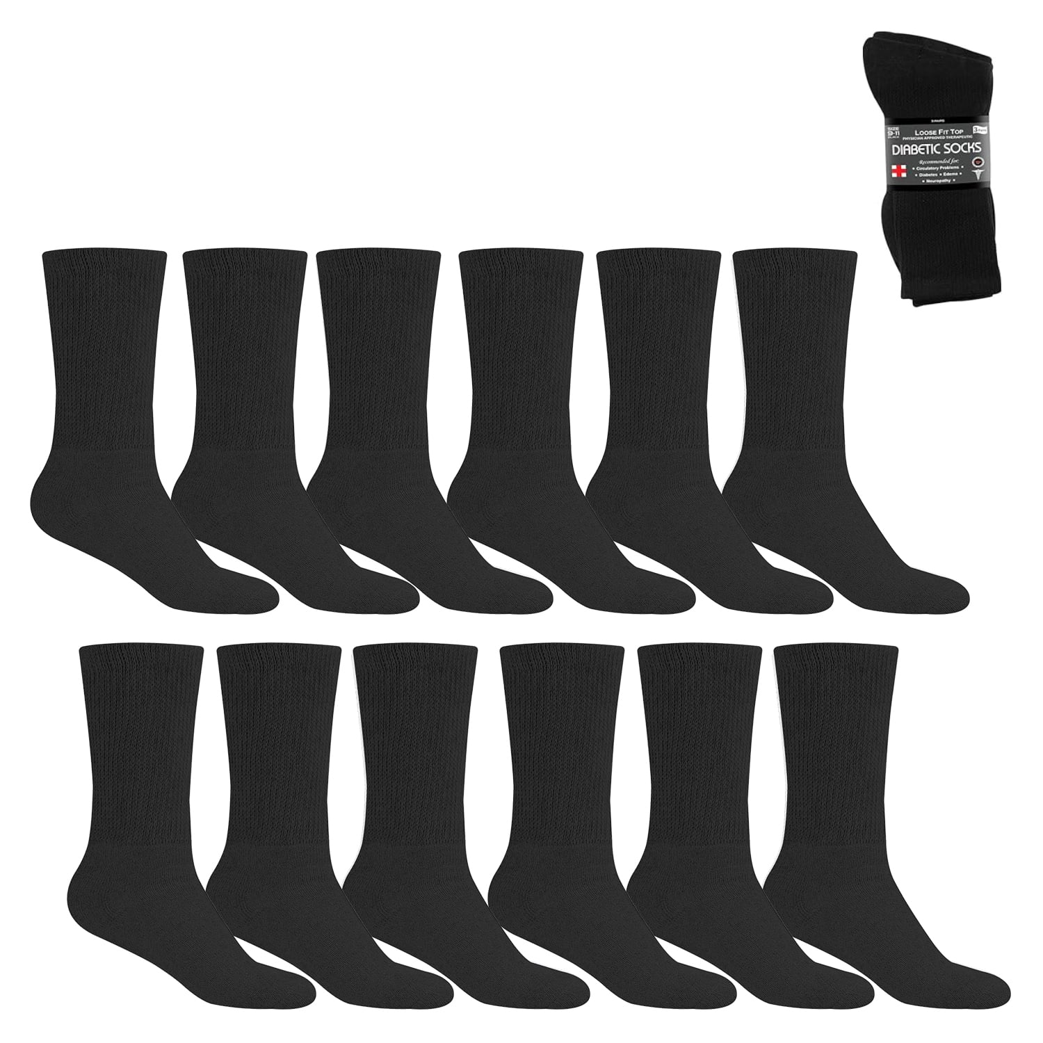 Crew Style, Black Diabetic Socks, MEN Size 10-13, 1 dozen Pairs ...