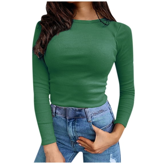 Crewneck Long Sleeve Shirts for Women Slim Tees Tight Basic Tops ...