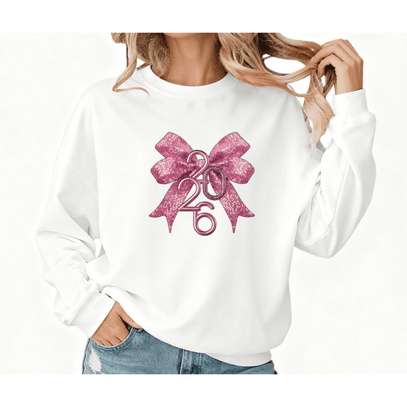 Crewneck Print Sweatshirt Graphic Sweatshirt 2026 Pink Glitter Bow with Rose Gold Numbers ...