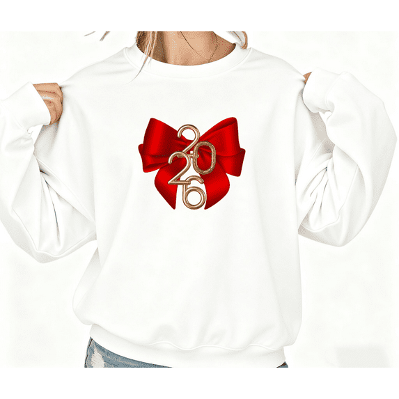 Crewneck Print Sweatshirt Graphic Sweatshirt 2026 Red Satin Bow Gold 3D Numbers Celebration ...