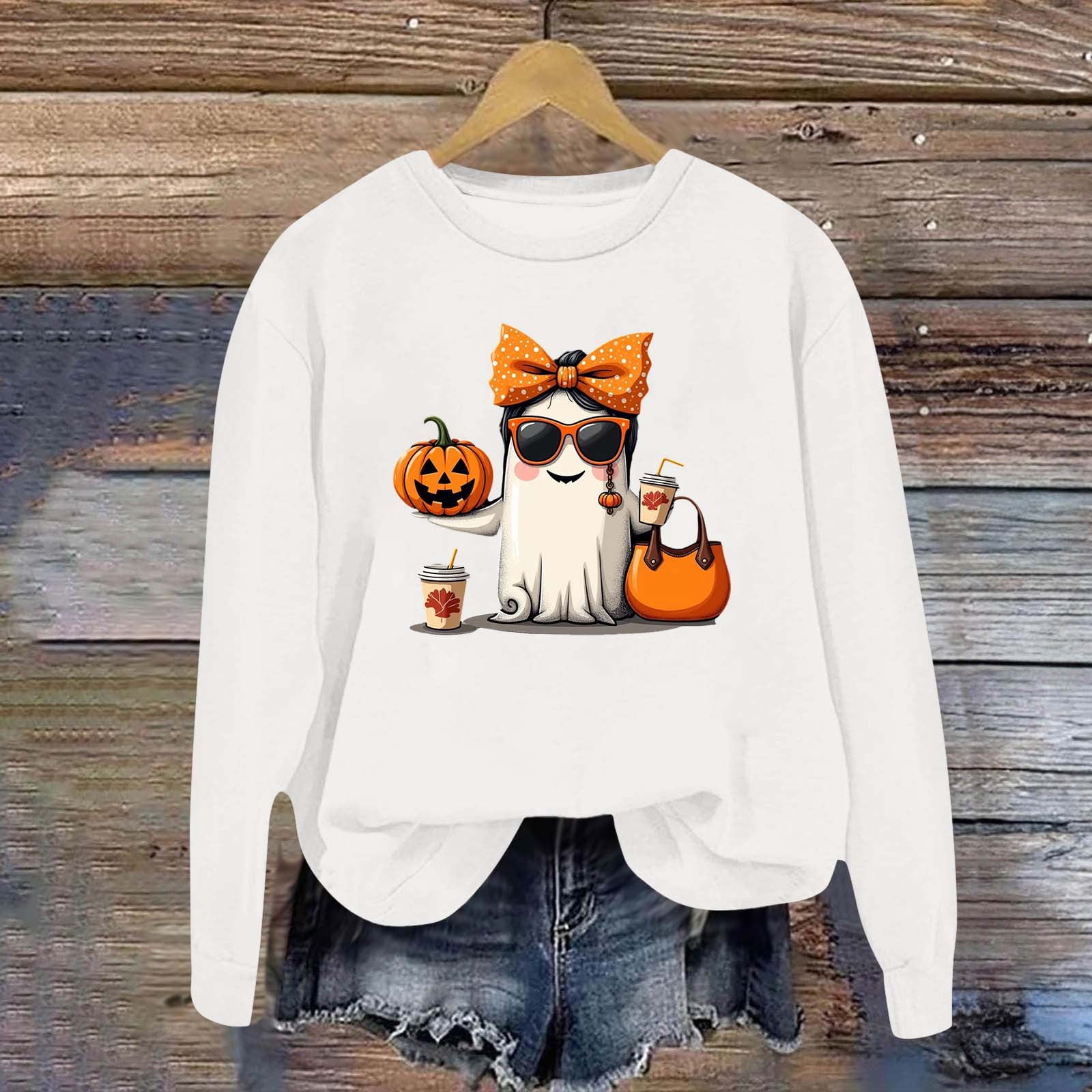 Crewneck Sweatshirts Women Casual Loose Fit Cute Ghost Pumpkin Print ...