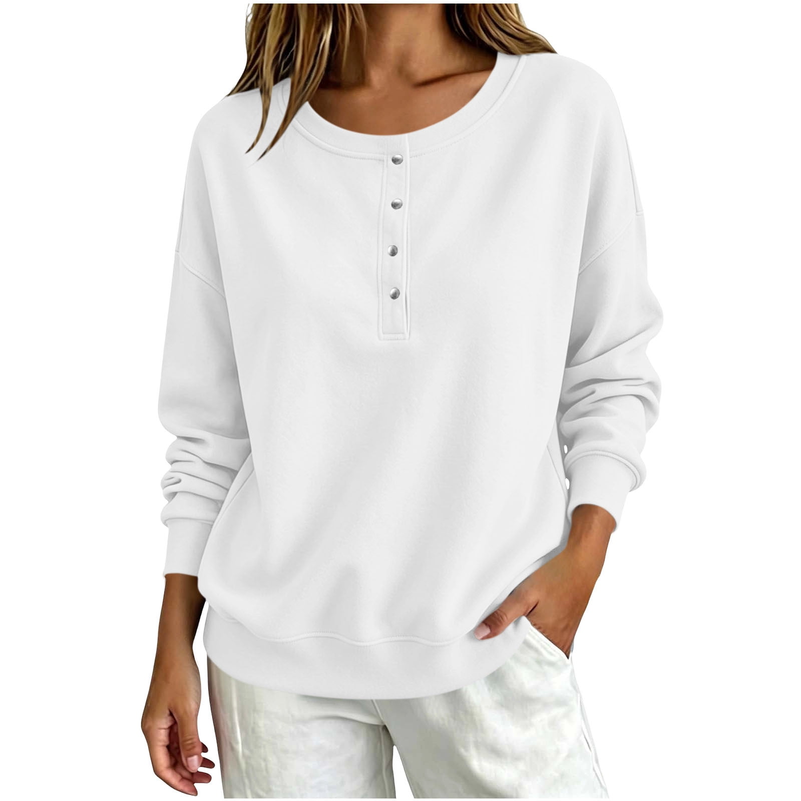 Crewneck Sweatshirts Women Long Sleeve Oversized Plain Pullover Buttons ...