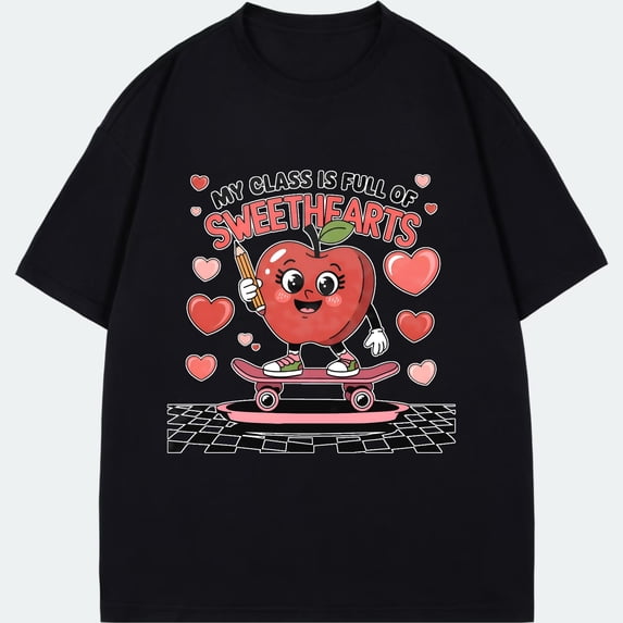 Crewneck T Shirt Black Apple Character Skateboarding With Hearts And ...