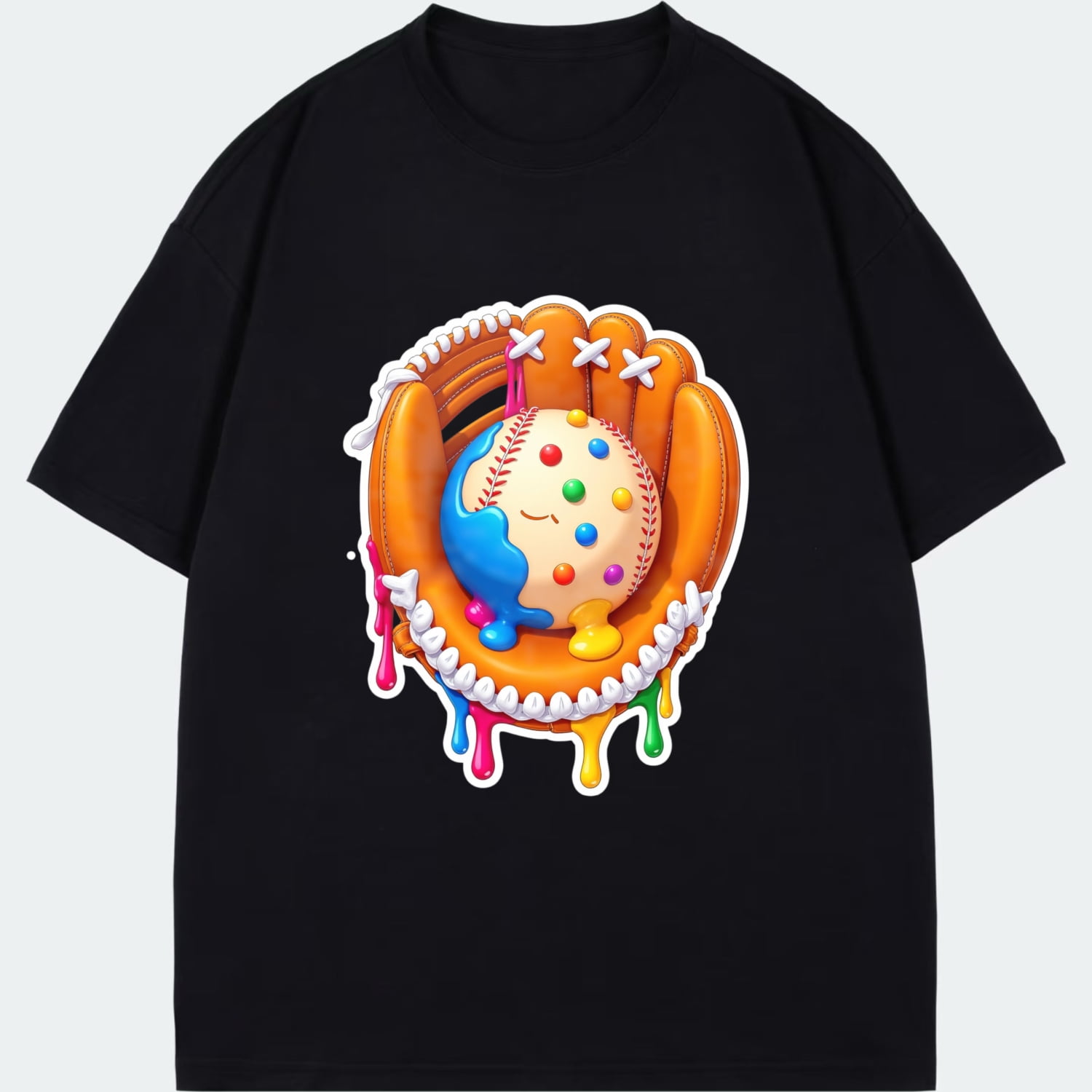 Crewneck T Shirt Black Baseball Glove With Colorful Dripping Paint And ...