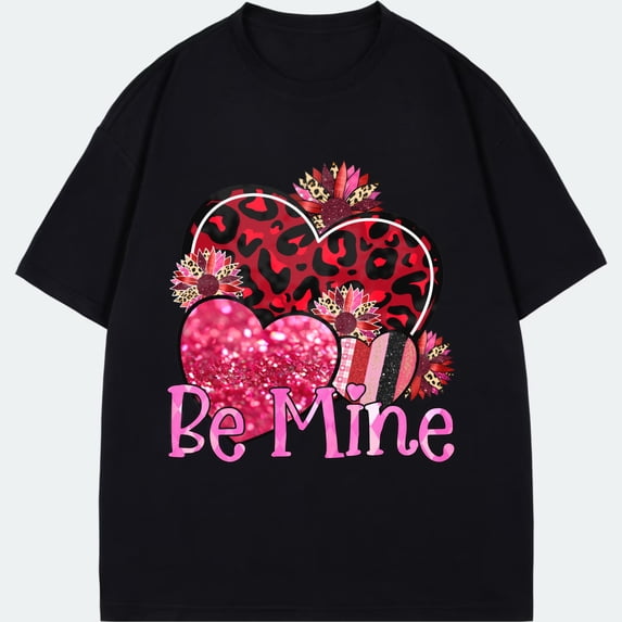Crewneck T Shirt Black Be Mine Heart Leopard Print And Floral Design ...