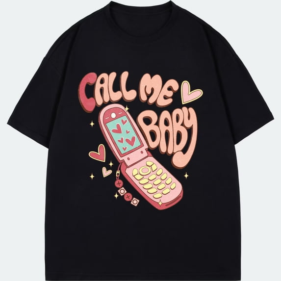 Crewneck T Shirt Black Call Me Baby Flip Phone Heart Print Casual ...