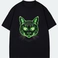 Crewneck T Shirt Black Cat Face Neon Green Print Casual Wear For Men ...
