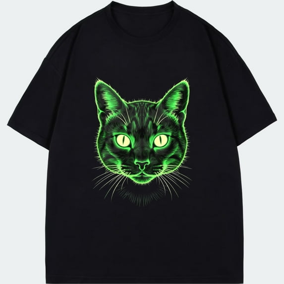 Crewneck T Shirt Black Cat Face Neon Green Print Casual Wear For Men ...