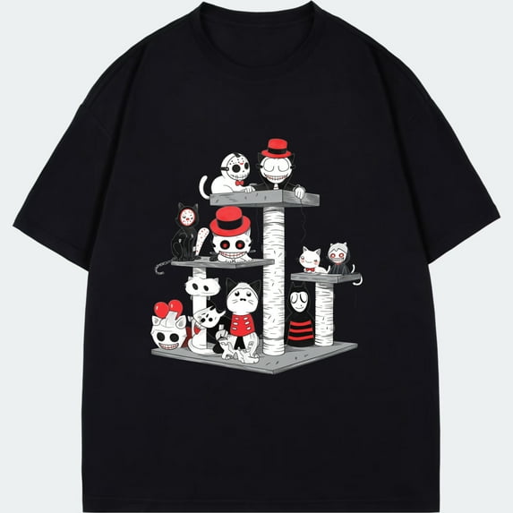 Crewneck T Shirt Black Cat Tree With Cartoon Cats And Red Hats Design ...