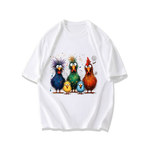 Crewneck T Shirt Black Colorful Chicken Family Music Notes Print Casual ...