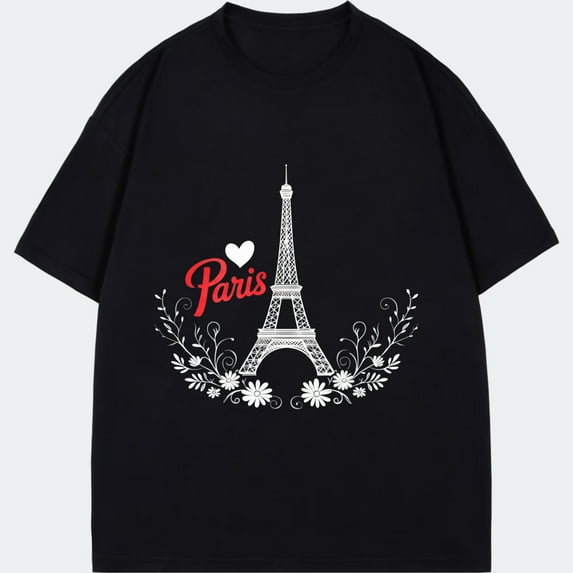 Crewneck T Shirt Black Eiffel Tower Floral Paris Text Design For Travel ...