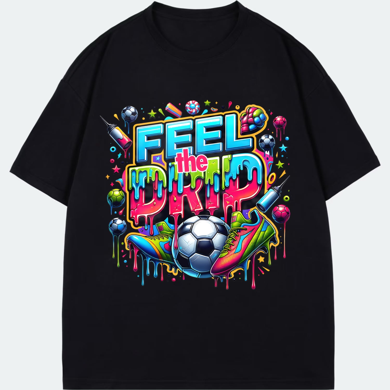Crewneck T Shirt Black Feel The Drip Soccer Ball And Cleats Graphic ...