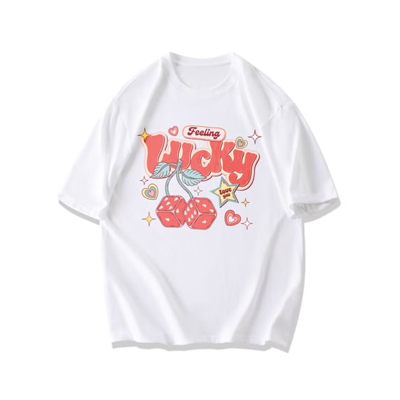 Crewneck T Shirt Black Feeling Lucky Cherry Dice And Star Print Casual ...