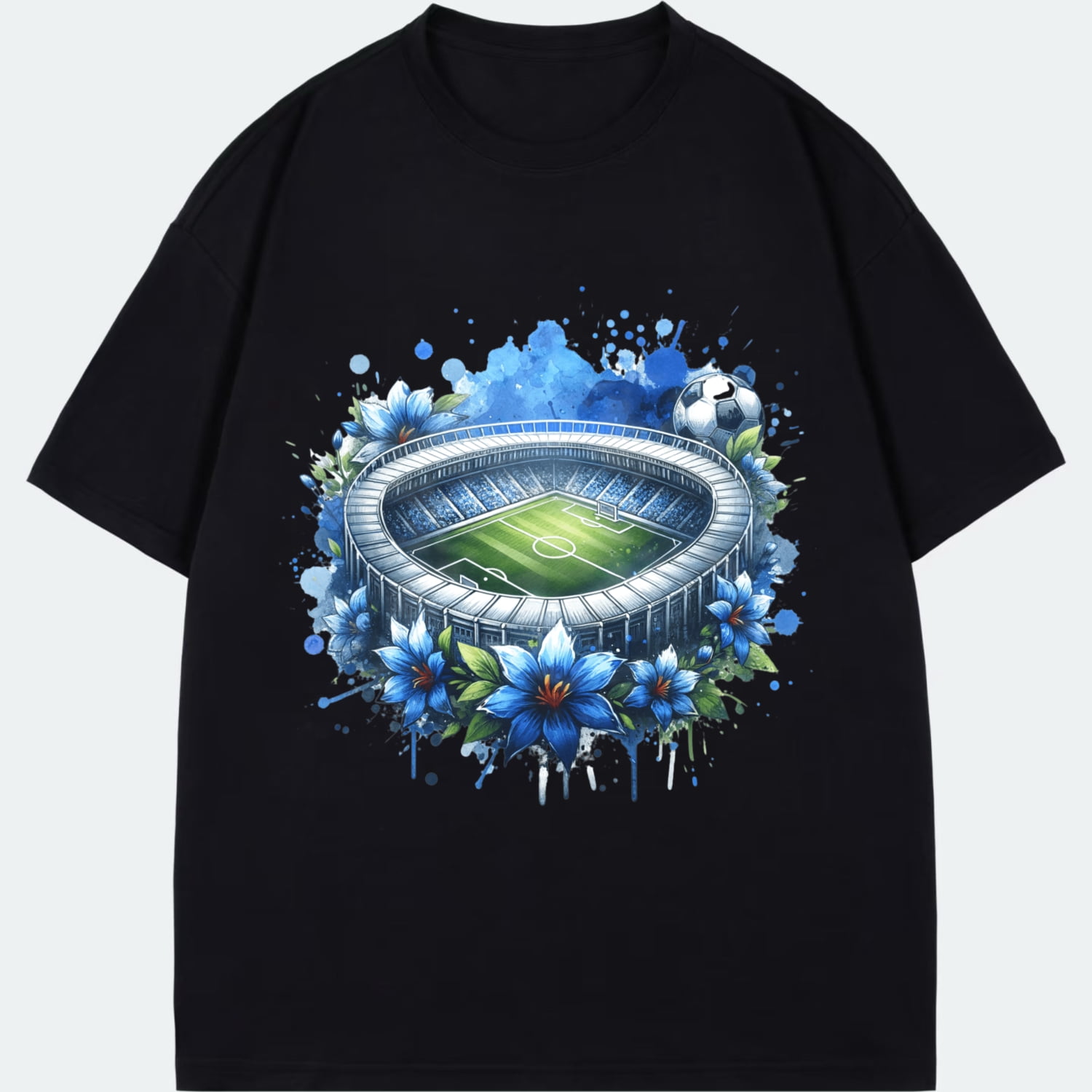Crewneck T Shirt Black Football Stadium With Blue Flowers And Soccer ...