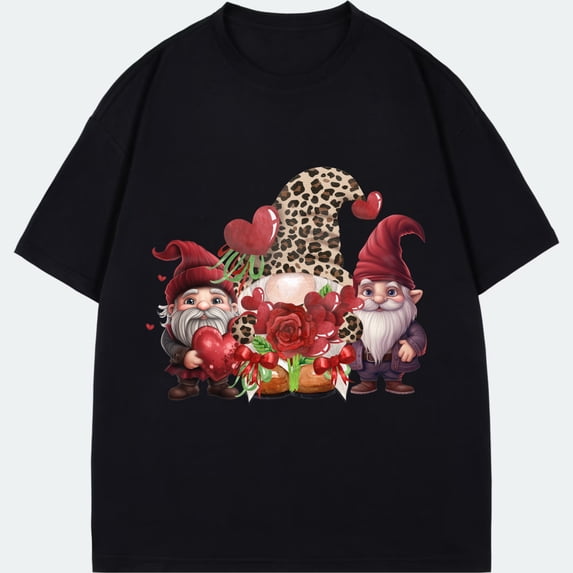 Crewneck T Shirt Black Garden Gnomes With Leopard Hat And Red Roses ...
