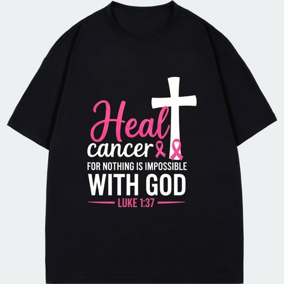 Crewneck T Shirt Black Heal Cancer With God Cross And Pink Ribbon For ...