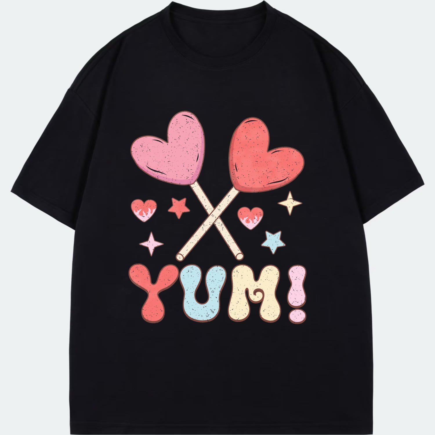 Crewneck T Shirt Black Heart Lollipops And Stars Yum Text Print Casual ...