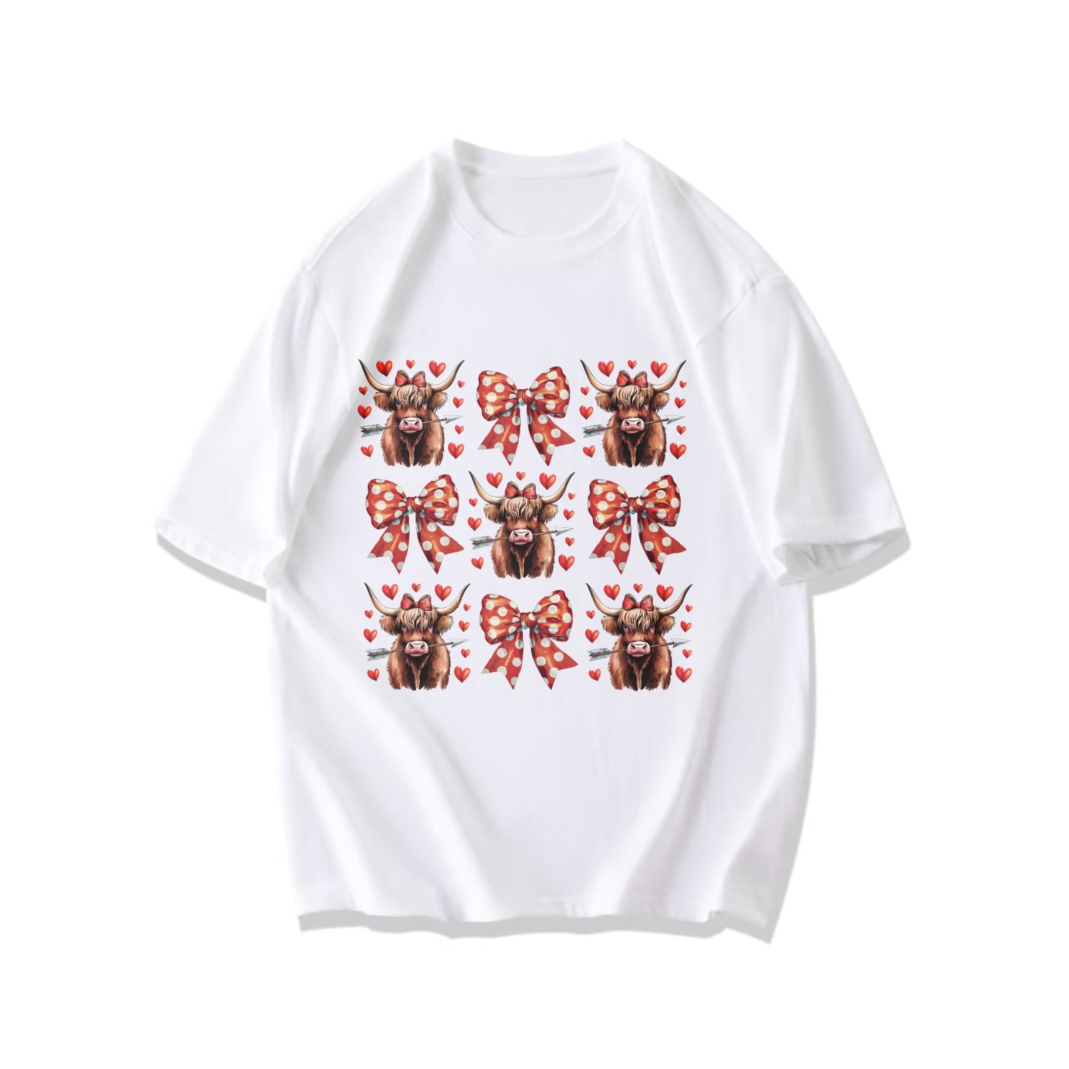 Crewneck T Shirt Black Highland Cow With Red Polka Dot Bow And Hearts ...