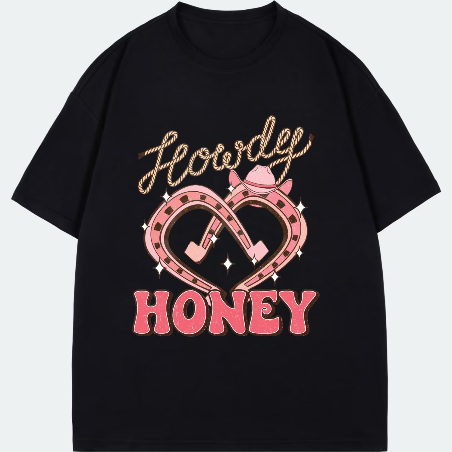 Crewneck T Shirt Black Howdy Honey Western Heart And Horse Shoe Print ...