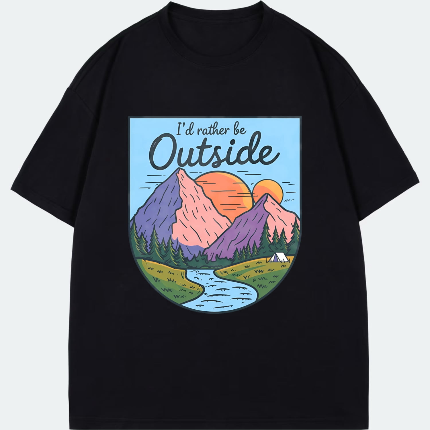 Crewneck T Shirt Black I D Rather Be Outside Mountain Landscape With ...