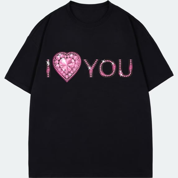 Crewneck T Shirt Black I Love You Pink Rhinestone Heart And Text Design ...