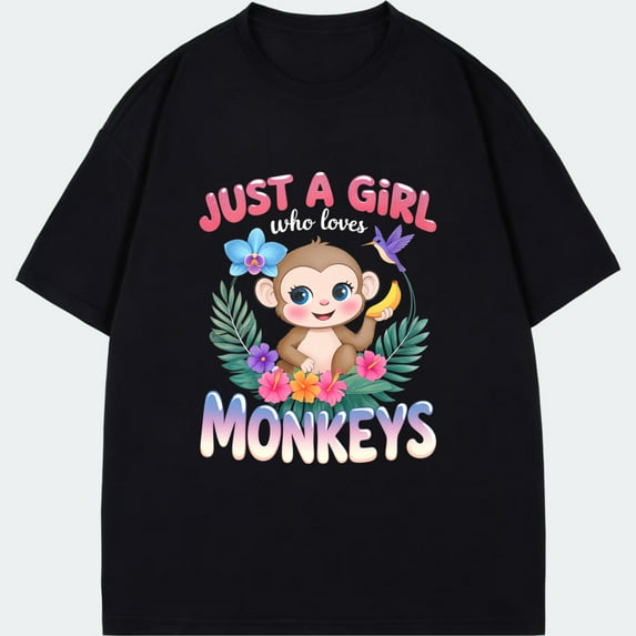 Crewneck T Shirt Black Just A Girl Who Loves Monkeys With Cartoon ...