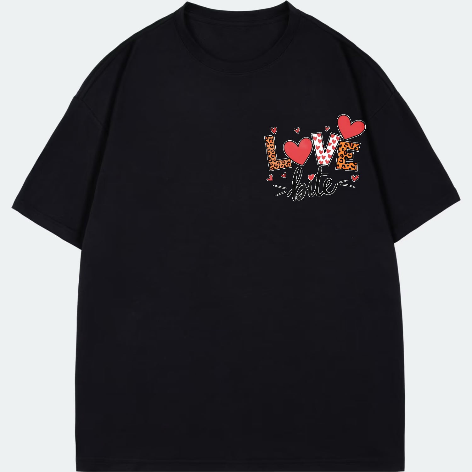 Crewneck T Shirt Black Love Pattern With Hearts And Leopard Print For ...