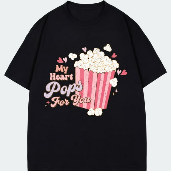 Crewneck T Shirt Black Popcorn Heart Pops For You Print Casual Wear For ...