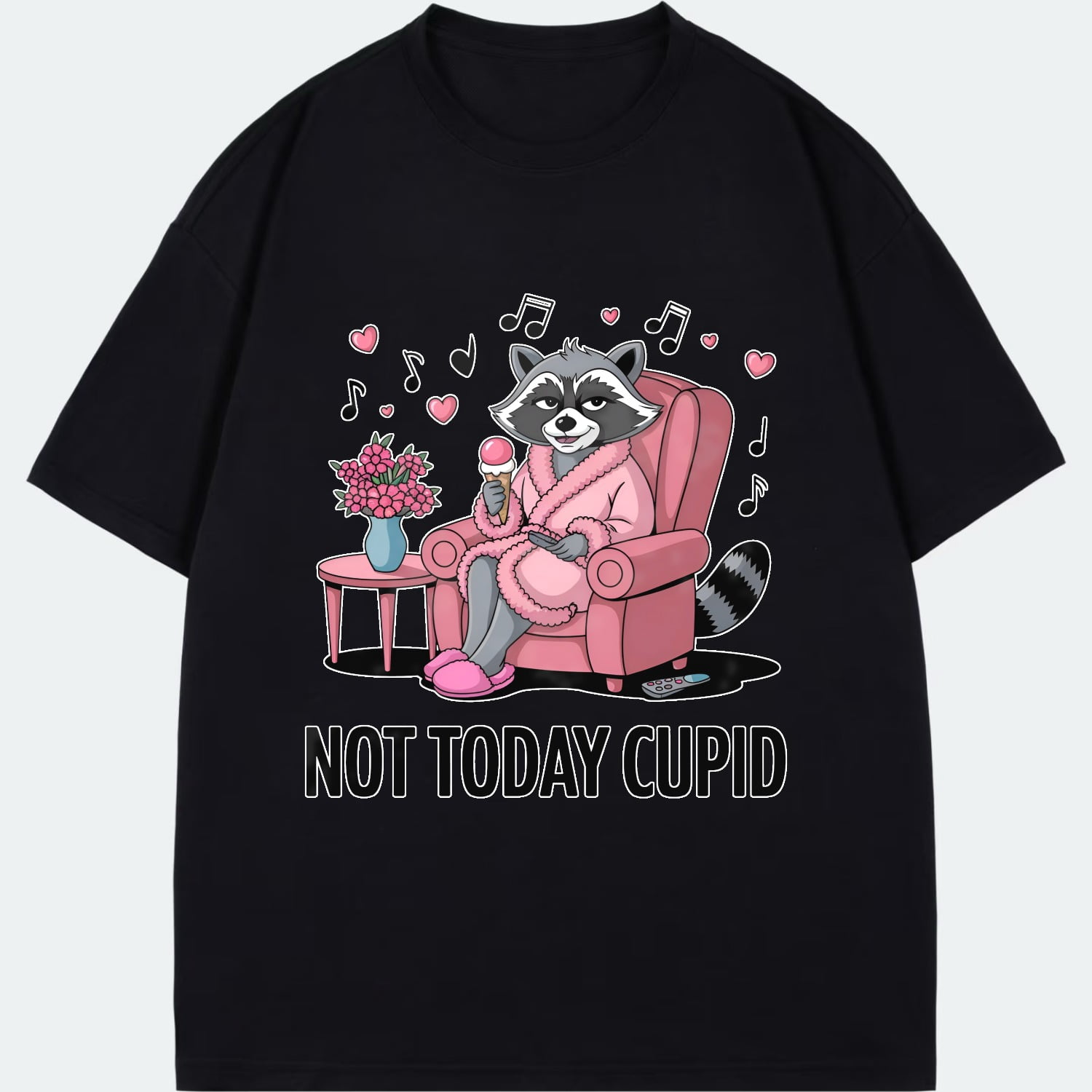 Crewneck T Shirt Black Raccoon In Pink Robe With Ice Cream And Music ...