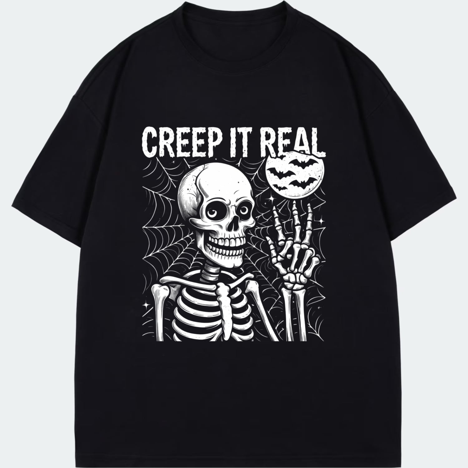 Crewneck T Shirt Black Skeleton With Spider Web And Moon Print Creep It ...