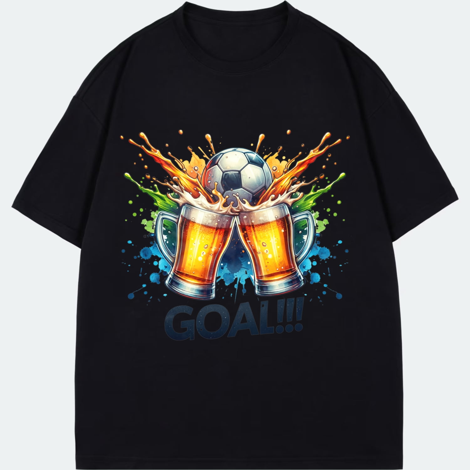 Crewneck T Shirt Black Soccer Ball And Beer Mugs With Goal Text Design ...